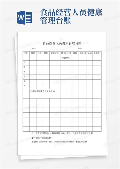 食品经营人员健康管理台账Word模板下载 编号qjamdxkg 熊猫办公