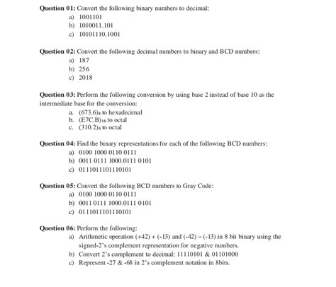 Solved Question 01 Convert The Following Binary Numbers To