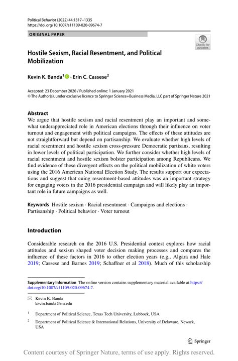 Hostile Sexism Racial Resentment And Political Mobilization Request Pdf
