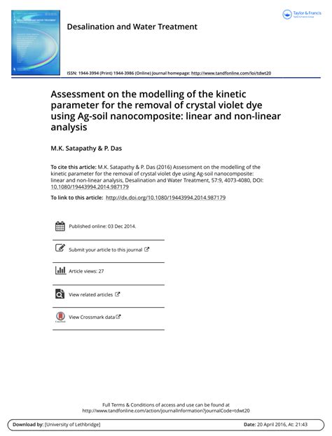 Pdf Assessment On The Modelling Of The Kinetic Parameter For The Removal Of Crystal Violet Dye