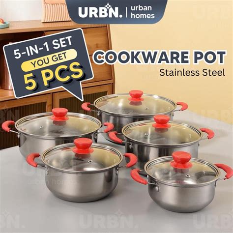 𝗨𝗥𝗕𝗔𝗡𝗛𝗢𝗠𝗘𝗦 10 Pcs Set Stainless Steel Soup Pot Cookware Sets With