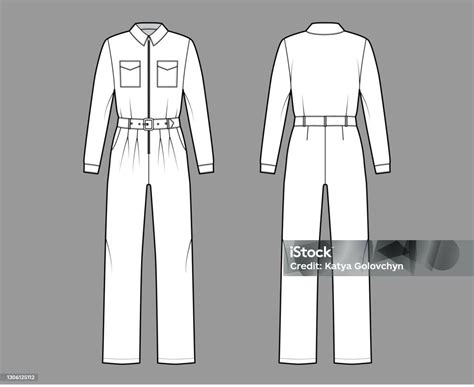 전체 길이 벨트 지퍼 폐쇄 일반 허리 포켓이 있는 사이렌 슈트 전체 점프수트 테크니컬 패션 일러스트 커버올에 대한 스톡 벡터 아트 및 기타 이미지 Istock
