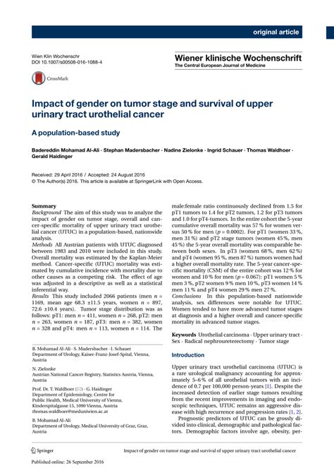 Pdf Impact Of Gender On Tumor Stage And Survival Of Upper Urinary