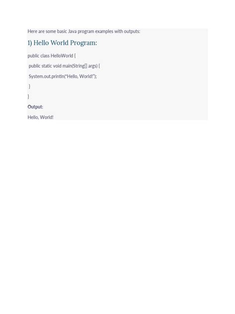 1 Hello World Program Here Are Some Basic Java Program Examples With Outputs Pdf