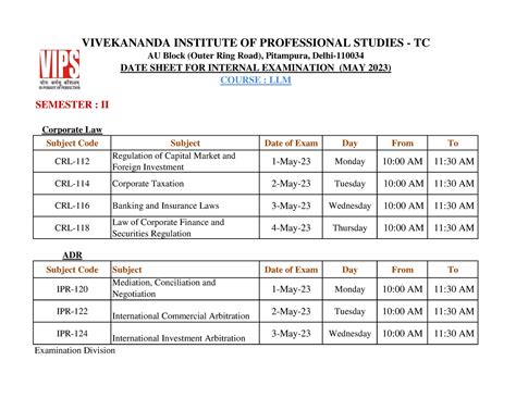 Final Date Sheet For Internal Class Test May Semester Ii