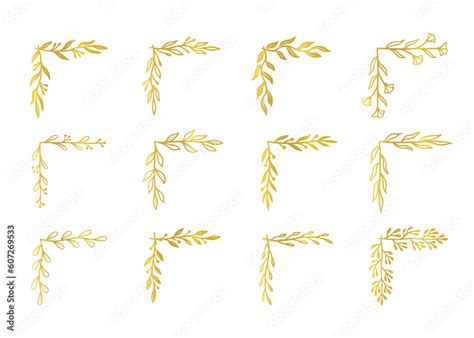 Gold Corner Border Floral Flower Frame Set Hand Drawn Rustic Sketch
