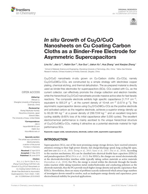 Pdf In Situ Growth Of Cu2ocuo Nanosheets On Cu Coating Carbon Cloths As A Binder Free