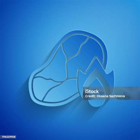 종이 컷 구운 스테이크 고기와 푸른 배경에 고립 된 불꽃 아이콘 종이 아트 스타일입니다 벡터 일러스트레이션 고기에 대한 스톡 벡터 아트 및 기타 이미지 Istock