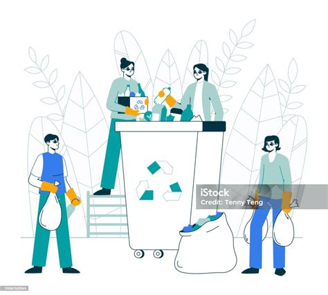 사람들 플라스틱 폐기물 분류 플라스틱 재활용 플랫 개념 쓰레기를 쓰레기로 모으는 캐릭터는 플랫 벡터 일러스트레이션을 윤곽을 그릴 수 있습니다 쓰레기 분류 재활용에 대한 스톡