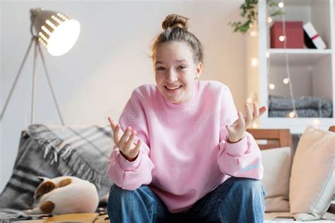 Happy Teen Girl Blogger Talking To Camera Video Calling Recording Vlog