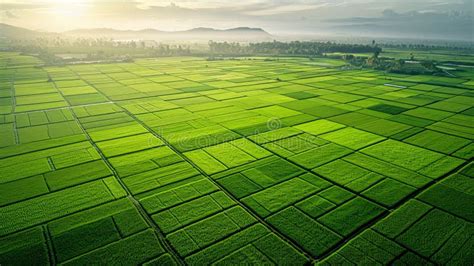 Aerial View Of Green Rice Fields For Sustainable Agriculture And Carbon