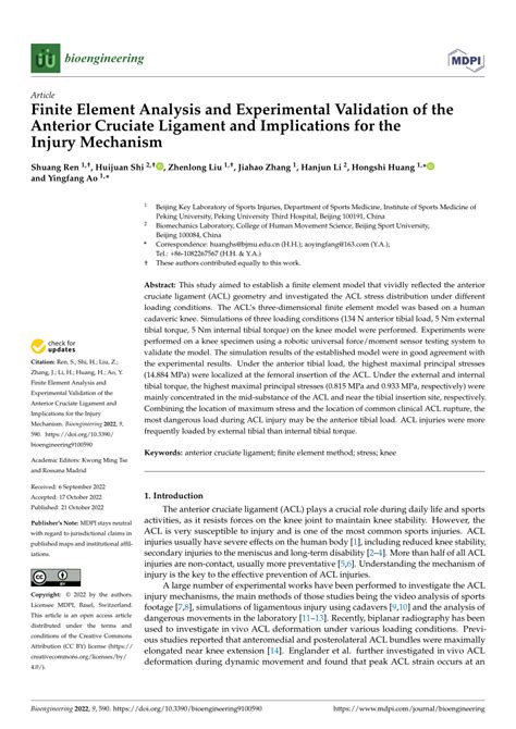 Pdf Finite Element Analysis And Experimental Validation Of The Anterior Cruciate Ligament And