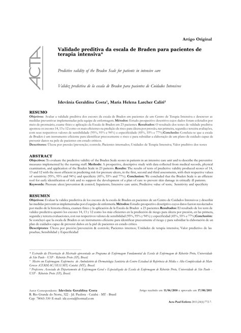 PDF Predictive Validity Of The Braden Scale For Patients In Intensive
