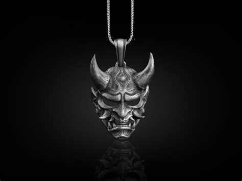 Hannya Mask Oxidized Necklace In Silver Japanese Art Oni Mask Necklace