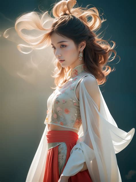 A Woman In A Red Dress With A White Cape And A Red Skirt SeaArt AI