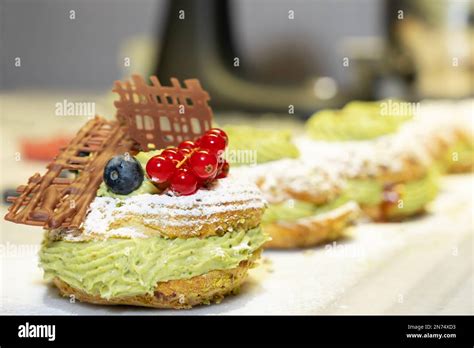 Paris Brest A Classic French Dessert Consist Of Large Baked Ring Of