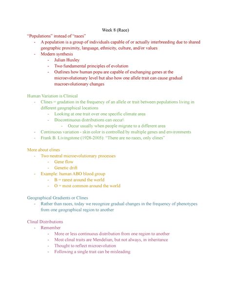 Anthro Week 8 Notes Shannon Black Week 8 Race “populations” Instead Of “races” A