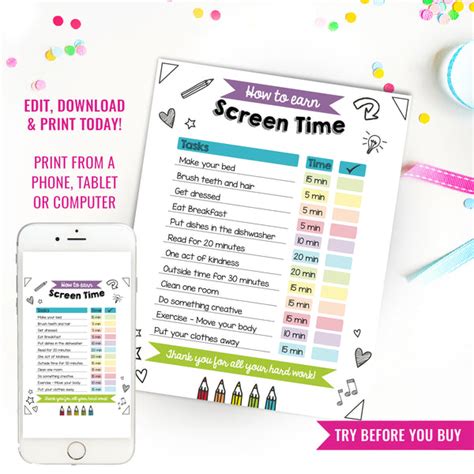 Screen Time Chart Checklist Editable Printable Screen Time Chore Cha Sunshine Parties