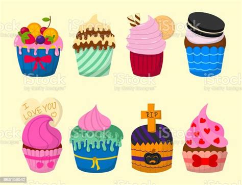 귀여운 벡터 컵 케이크와 머핀 초콜릿 축 하 생일 음식 달콤한 베이커리 파티 귀여운 스프링 장식 세트 0명에 대한 스톡 벡터 아트 및 기타 이미지 Istock