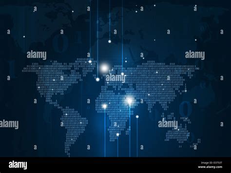 Abstract Technology Binary Code World Map On Dark Blue Background Stock