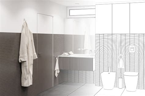 스케치는 창문과 싱크대 위의 거울 비데와 화장실 사이의 수건 문 옆의 목욕 가운 벽과 바닥에 회색 타일이있는 실제 현대적인