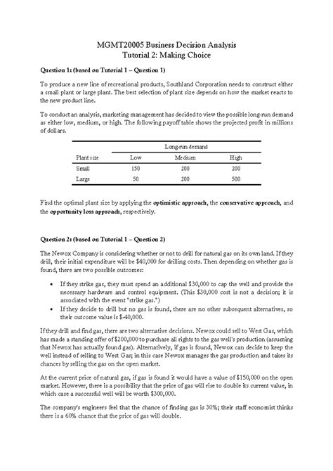 Bda Tutorial 2 Mgmt20005 Business Decision Analysis Tutorial 2 Making Choice Question 1
