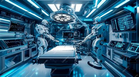 Futuristic Robots Performing Surgery In A High Tech Operating Room With Advanced Medical