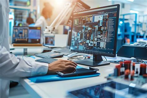engineers analyzing data on computers in a lab environment generative