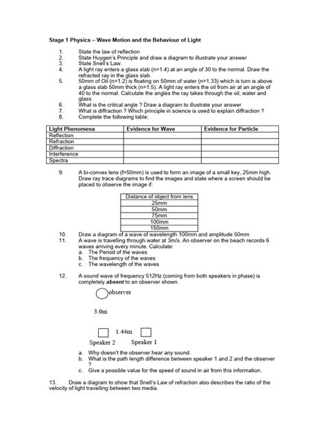 Stage 1 Physics Light And Waves Questions Pre Test Download Free