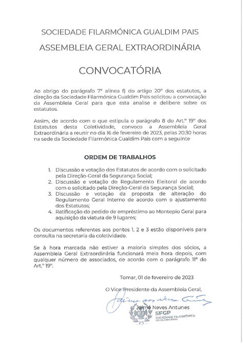 Convocatória De Assembleia Geral Extraordinária Sociedade Filarmónica