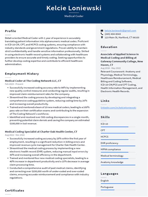 medical coder resume example pdf