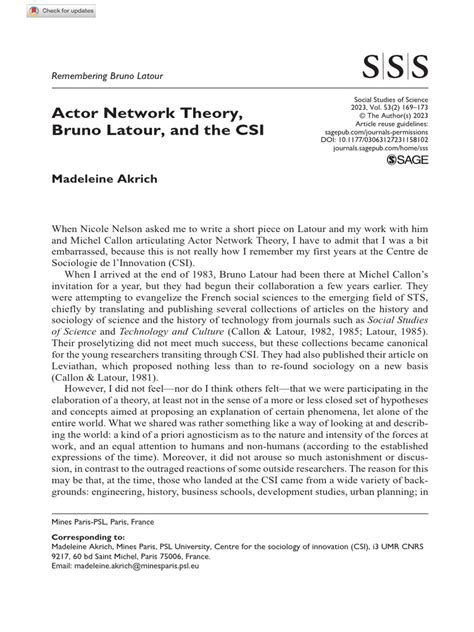 Akrich 2023 Actor Network Theory Bruno Latour And The Csi Pdf Sociology Science