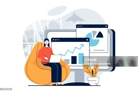 웹을 위한 플랫 디자인에서 사람들 장면이 있는 데이터 과학 개념입니다 계산을 위해 데이터베이스를 사용하여 차트와 다이어그램으로