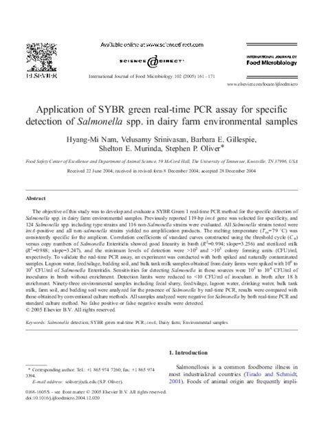 Pdf Application Of Sybr Green Real Time Pcr Assay For Specific Detection Of Salmonella Spp In