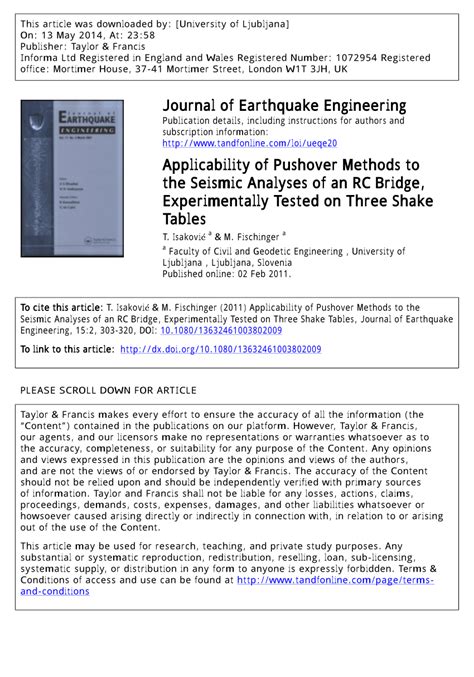 Pdf Applicability Of Pushover Methods To The Seismic Analyses Of An Rc Bridge Experimentally