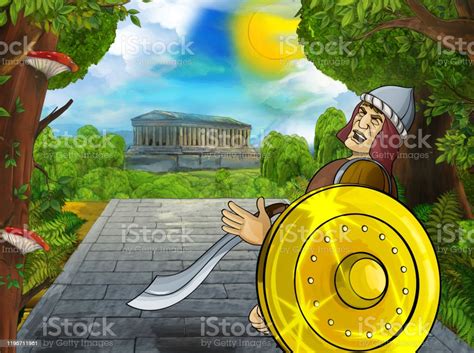 도시로 가는 길에 사원과 같은 고대 건물 근처의 로마 또는 그리스 고대 캐릭터가있는 만화 장면 건축에 대한 스톡 벡터 아트 및 기타 이미지 Istock