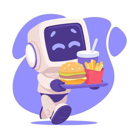 robot character carry fast food tray as smart android assistant machine