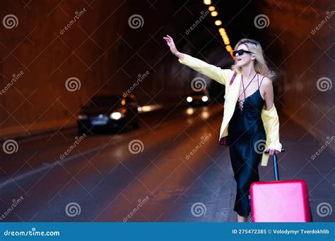 Travelling Concept Young Woman On Trip Walking With His Luggage On