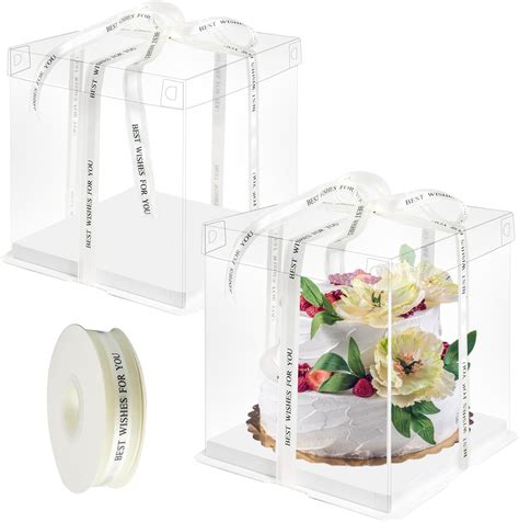 ZIOYA 2 Boîte à Gâteau Transparente Boîte Cadeaux en Plastique 8 inch avec Ruban et Couvercles