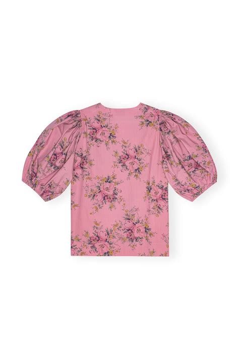 Orchid Smoke Printed Cotton V Neck Blouse Ganni