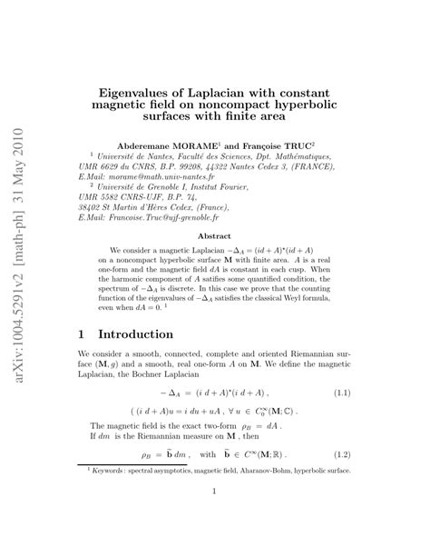 PDF Eigenvalues Of Laplacian With Constant Magnetic Field On Non Compact Hyperbolic Surfaces