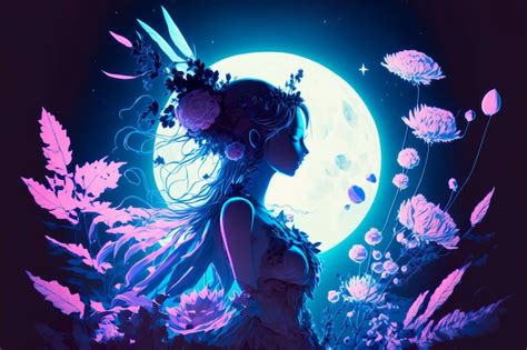 Premium Photo Fairy Girl On A Blue Night Background With The Moon And