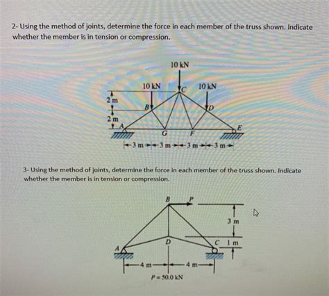 solved 2 using the method of joints determine the force in