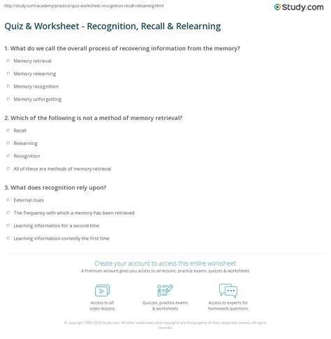 Quiz And Worksheet Recognition Recall And Relearning