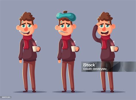 아픈 사람입니다 불행 한 캐릭터입니다 벡터 만화 일러스트 레이 션 A형 인플루엔자 바이러스에 대한 스톡 벡터 아트 및 기타