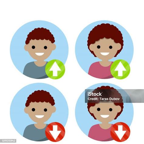 소셜 네트워크에 대한 원에 남자와 여자의 아바타세트 인간의 머리 상승 및 하락 아이콘 빨간색과 녹색 화살표가 위아래로 통계 상위 및 순위 플랫 만화 어린 소년과 소녀