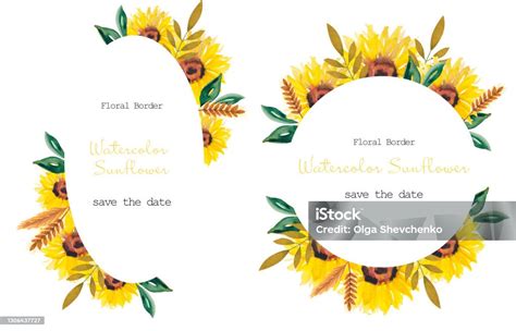 귀여운 엽서 로고 결혼 초대장 인사말 카드 명함을 위해 흰색 배경에 분리 된 꽃 테두리와 프레임의 수채화 세트 태양꽃 예약하기에 대한 스톡 벡터 아트 및 기타 이미지
