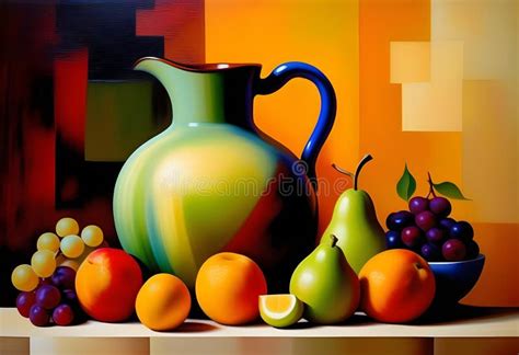 Abstract Oil Painting Of Still Life With Pitcher And Fruits Stock Illustration Illustration Of