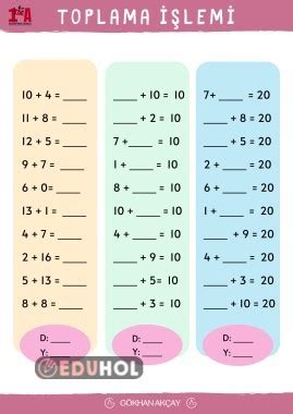 Toplama İşlemi Çalışma Kağıdı Eduhol Etkinlik İndir Oyun Oyna Test Çöz Video İzle