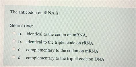 [solved] The Anticodon On Trna Is Select One A Identical To The Codon On Course Hero